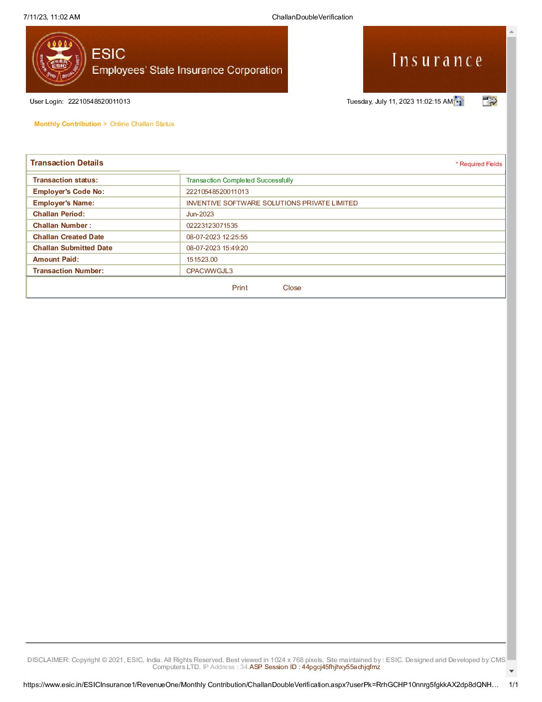 ESIC Contribution Challan TPDDL June - Inventive minds at work | ISSPL